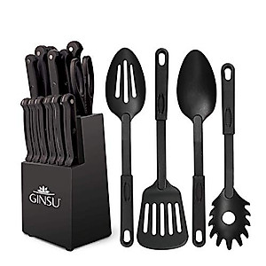 GINSU Kiso® Dishwasher Safe and Always Sharp, 18 Piece Black Knife Set with Black Block