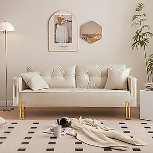 mikibama Modern Velvet Loveseat Sofa, 70" Luxury 3 Seater Couch with 2 Pillows, Comfy Upholstered Sofa Couches for Living Room, Bedroom, Apartment, Small Space(Beige)