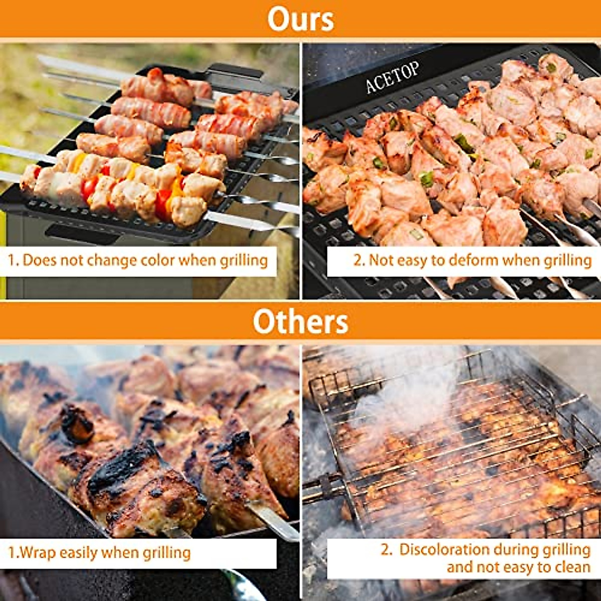 2PCS Grill Topper Pans BBQ ACETOP Nonstick Barbecue Grilling Baskets Outdoor Stainless Steel BBQ Grill Tray with Perforated Bottom for Indoor Camping Chicken Drumsticks Vegetable Shrimp Meat