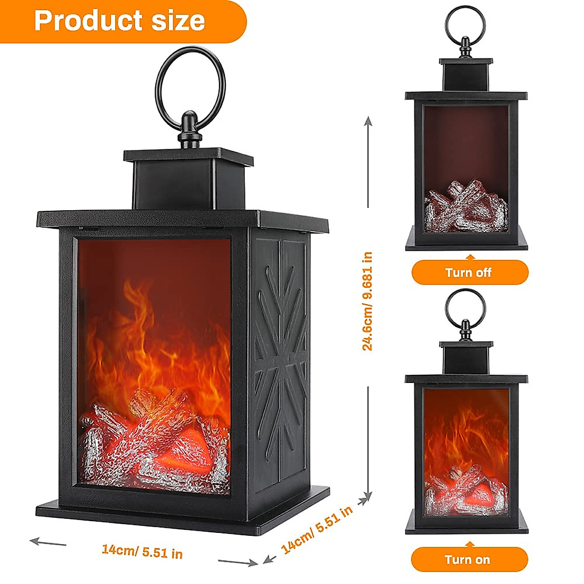 Fireplace Lamp Led Flame Log Effect Rectangle Fire Place Lantern USB Powered Simulation Flameless Fire Lights Battery Operated Fire Flame Lamp for Home Decor Indoor Christmas Ornaments (Medium)
