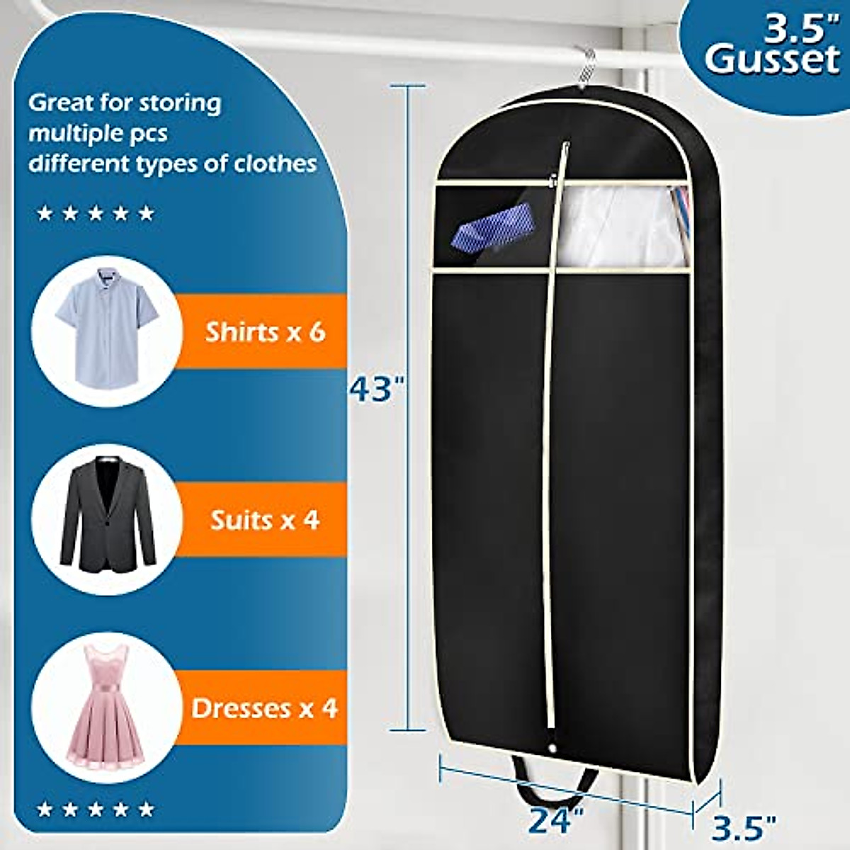 MISSLO 43" Gusseted Travel Garment Bag with Accessories Zipper Pocket Breathable Suit Garment Cover for Shirts Dresses Coats, Black