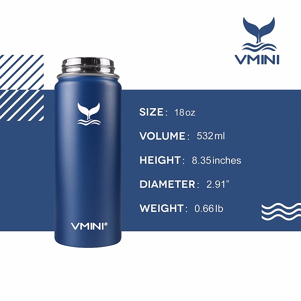Vmini Water Bottle with Straw, Kids Water Bottle with Wide Rotating Handle Straw Lid, Wide Mouth Vacuum Insulated Stainless Steel Water Bottle, Blue, 18 oz