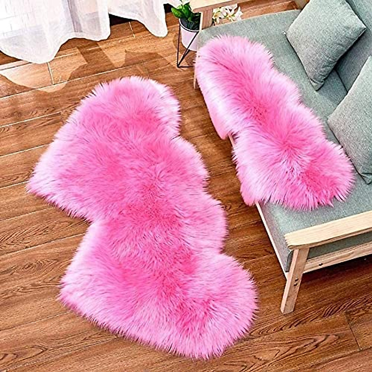 Area Rug, Modern Carpet 2'x4' Area Rug, Anti-Skid Double Heart Shape Fluffy Faux Fur Rug Fuzzy Rug, Kids Bedroom Floor Carpet Mats Soft Shaggy Plush Area Rugs Nursery Rug (Hot Pink, 24 x 47in/ 2'x4')
