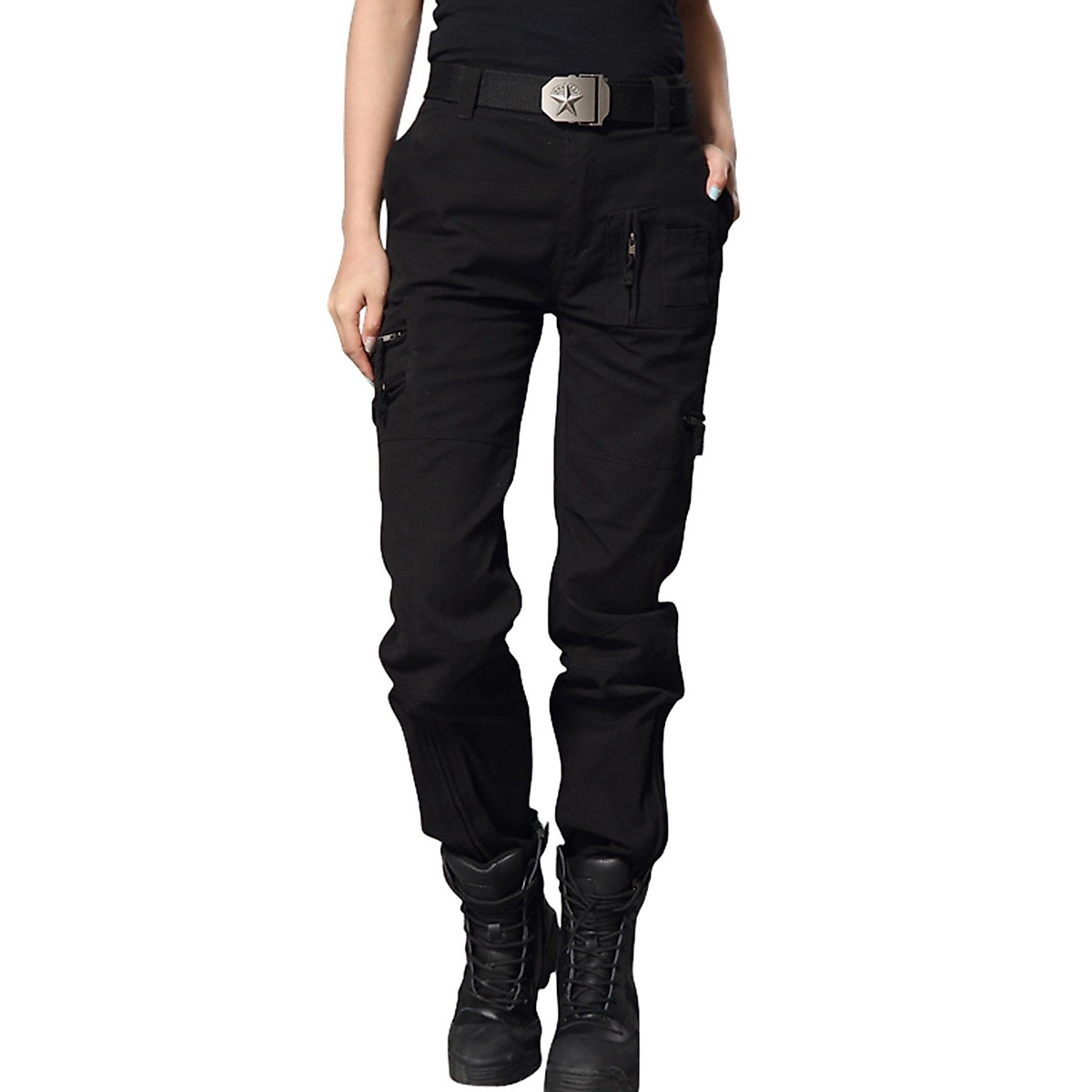 chouyatou Women's Military Straight Fit Stylish Combat Cargo Slacks Pants (Medium, Black)