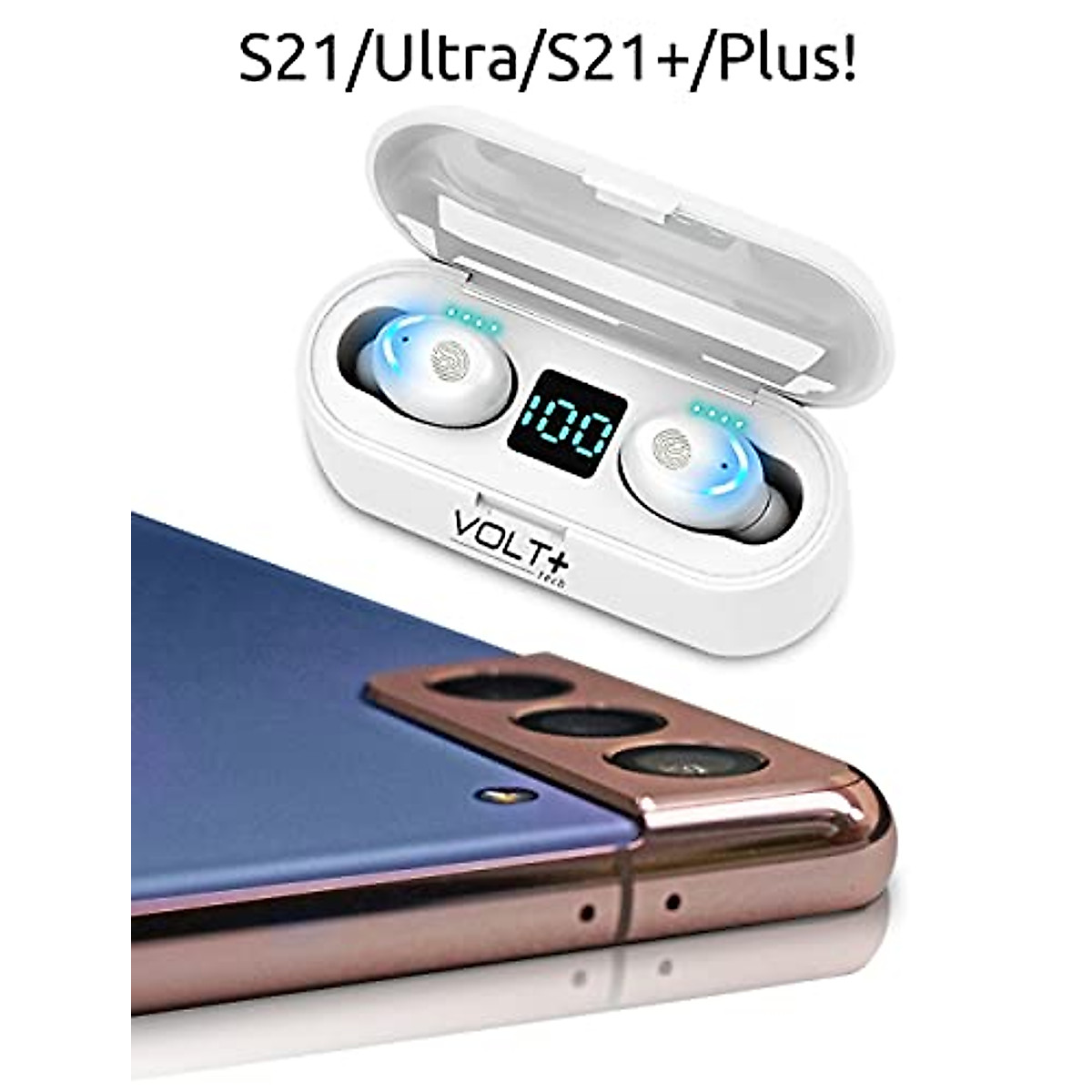 Volt Plus TECH Wireless V5.0 Bluetooth Earbuds Compatible with Samsung Galaxy J6+ LED Display, Mic 8D Bass IPX7 Waterproof/Sweatproof (White)