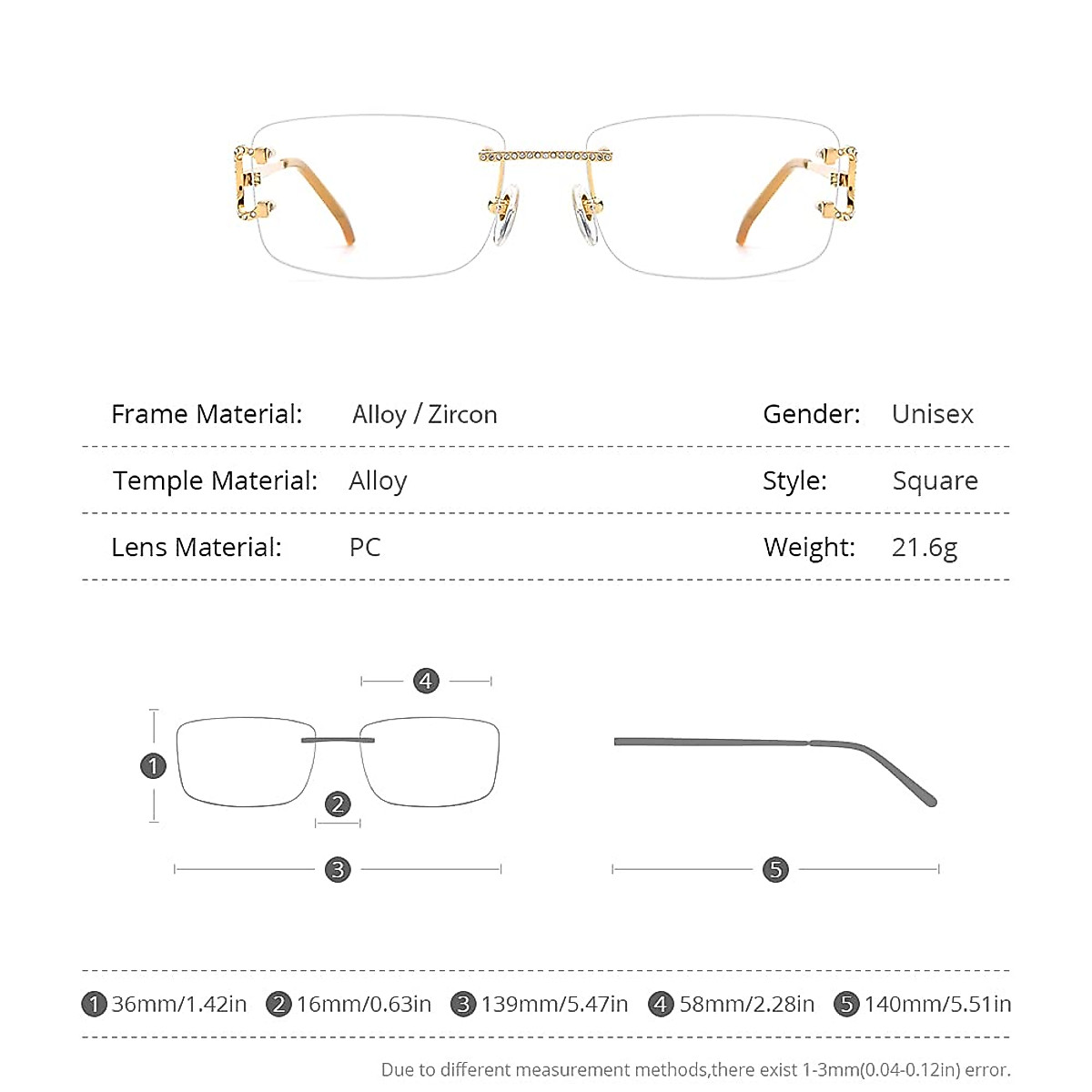 HEPIDEM Vintage Style Rectangular Rimless Metal Eyeglasses for Men Frameless Zircon Diamonds Glasses Frame (50254 Silver)