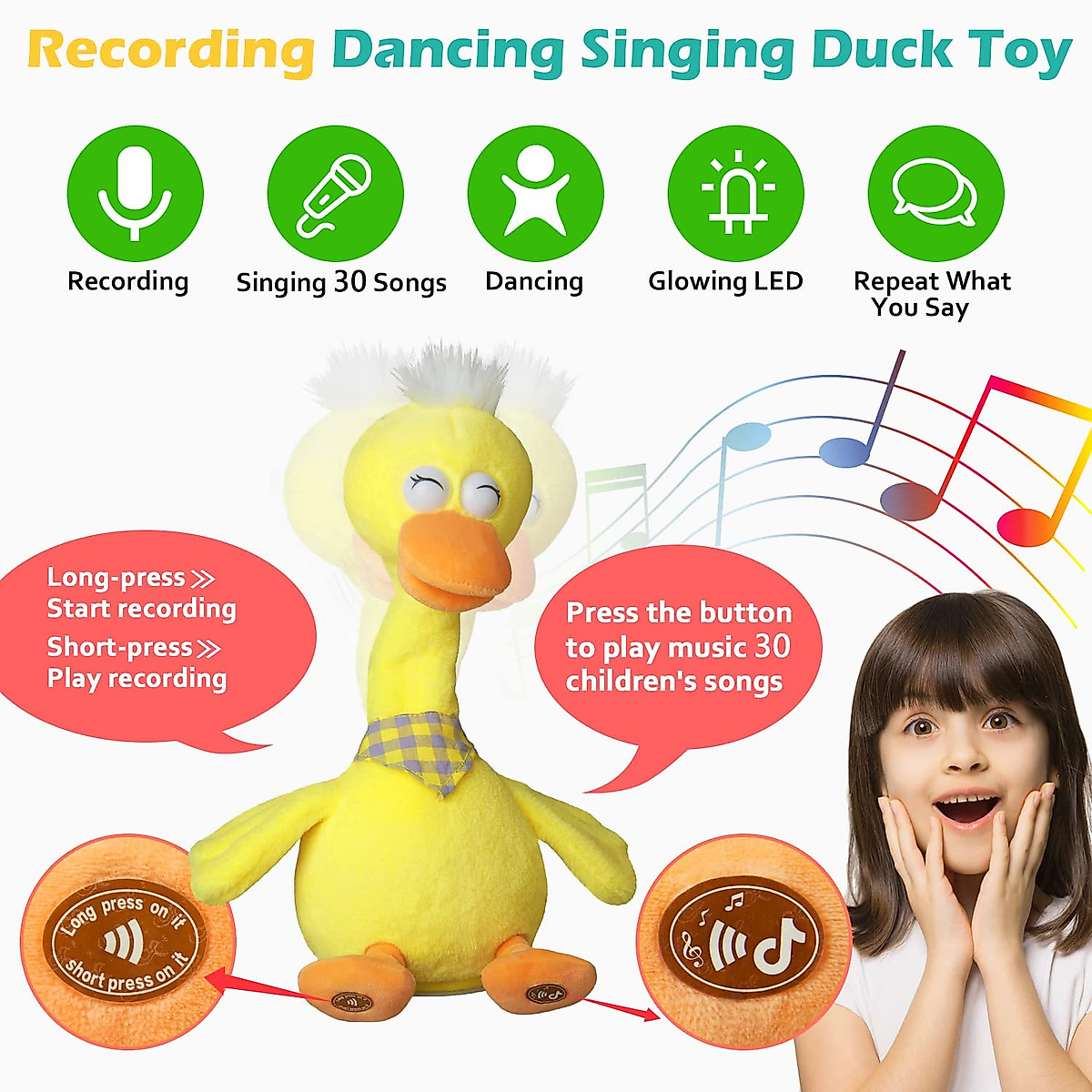 13" Talking Dancing Duck, Repeating What You Say Mimicking Recording Plush Baby Toy Musical English Song Singing Talking Glowing Animated Twisting Gift of Lighting Up Toy for Boy Kid