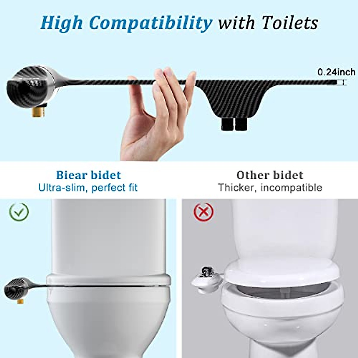 BIEAR Bidet Attachment For Toilet, Ultra-Slim Dual Nozzle Bidet Attachment Adjustable Water Pressure Non-Electric Fresh Cold Water Bidet Toilet Seat Attachment for Feminine and Posterior Wash