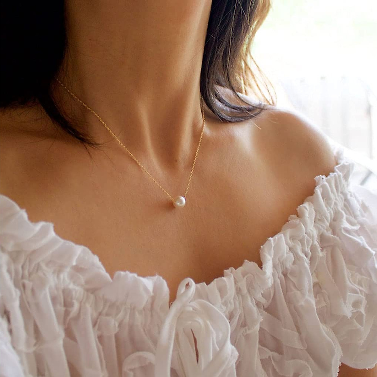 Yalice Tiny Pearl Choker Necklace Chain Short Pendant Necklaces Floating Wedding Bridesmaid Jewelry for Women (Gold)