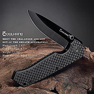Cool Hand 3.75'' Carbon Fiber Folding Knife, w/ 2.75" Polished Black Ceramic Blade in Gift Box Packing, Liner Lock Mechanism, w/Pocket Clip, EDC Pocket Knives