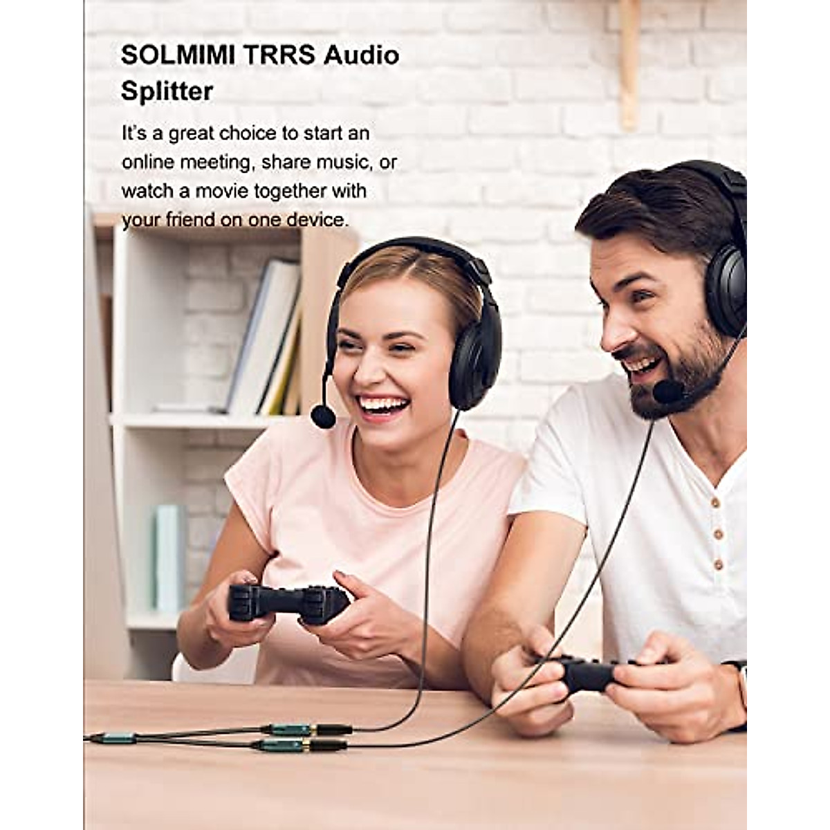 SOLMIMI Headphone Splitter 3.5mm 4-Pole Male to Two TRRS Female Adapter Suitable for Two Audio and Microphone Headsets, Compatible with PC, Laptop, Android, Windows, Smartphones