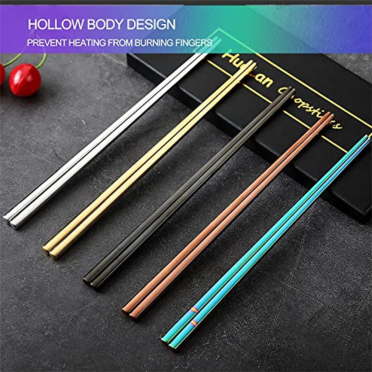 HuaLan Metal Chopsticks 18/8 Stainless Steel Chopsticks Japanese Korean Chopsticks Dishwasher Safe Resistant to Acids and Alkalis Fadless Anti-slip Reusable Chop Sticks 5 Pairs Gift Set - Multicolor