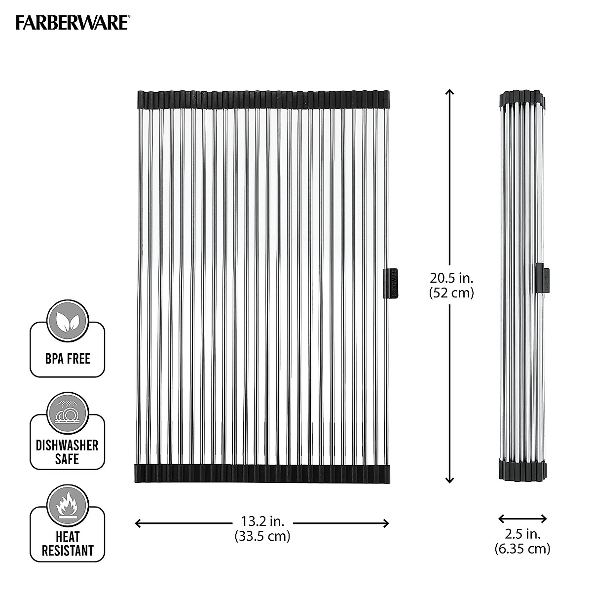 Farberware Roll up Dish Drying Over The Sink Rack Mat with Stainless Steel Wires, Large, Silver/Black