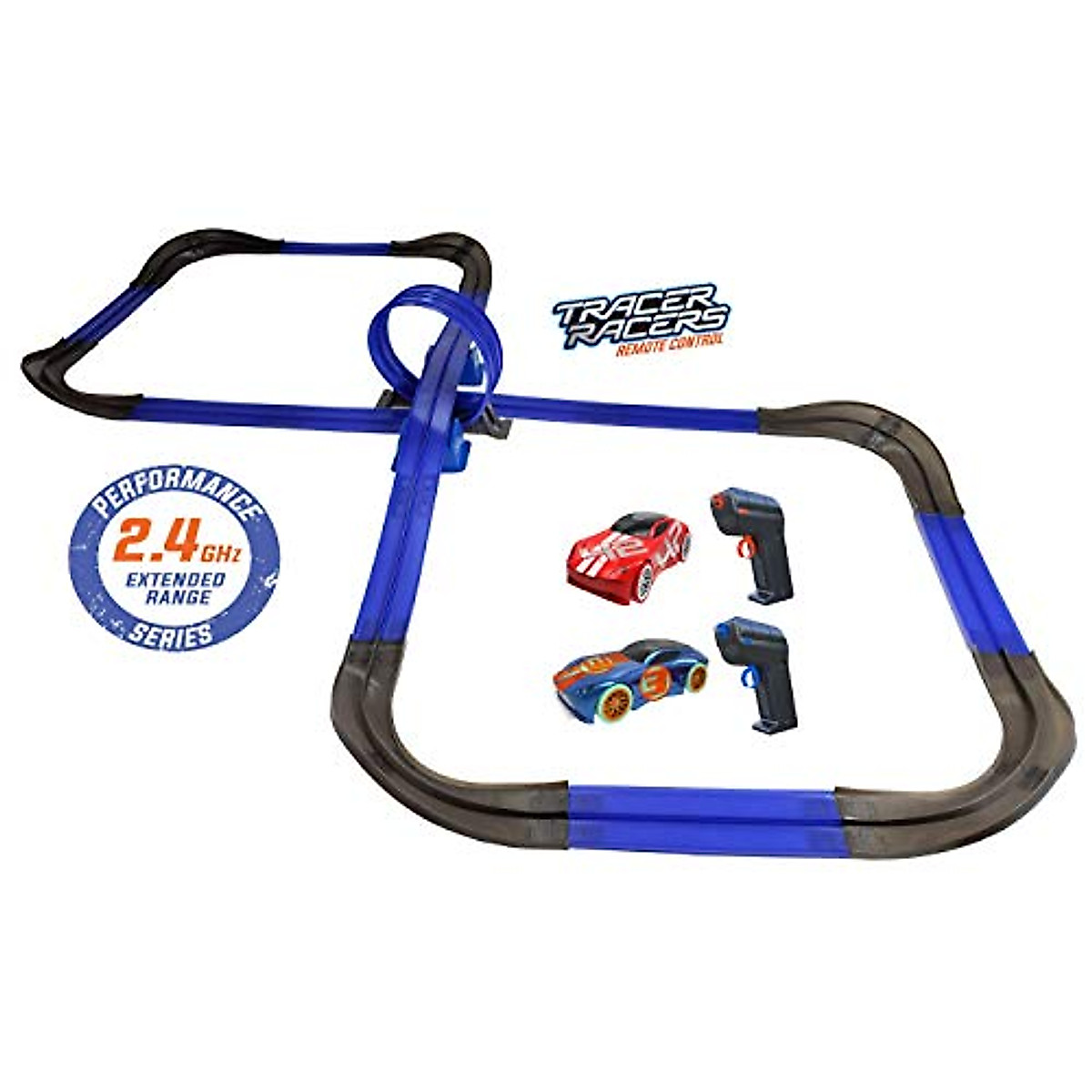 Tracer Racers 2.4 GHz Radio Control Remote Slot-Less, Cordless Racing Super 8 Speedway Track Set with Two Cars