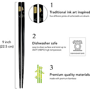 JapanBargain 3672, Bamboo Chopsticks Reusable Japanese Chinese Korean Wood Chop Sticks Hair Sticks 5 Pair Gift Set Dishwasher Safe, 9 inch, Black