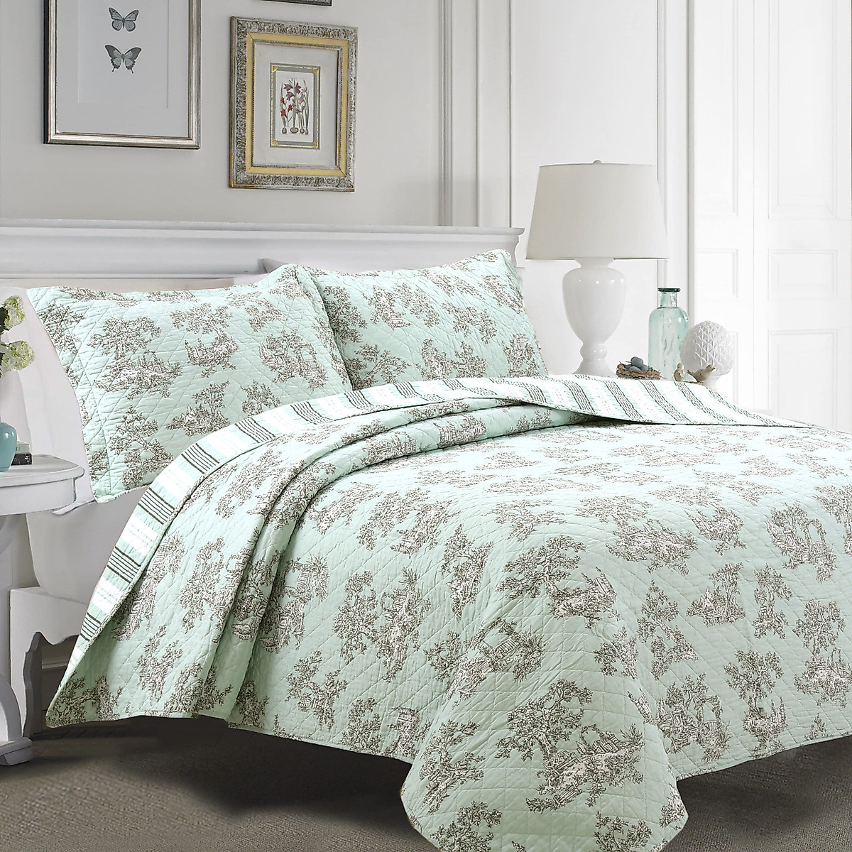 Cozy Line Home Fashions Vintage Cottage Garden Toile Mint Green 100% Cotton Reversible Girl Quilt Bedding Set, Coverlet, Bedspread (Garden Toile, King - 3 Piece)