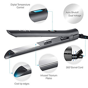 GFI Hair Straightener - Turbo Heating Element - Titanium Flat Iron - Straightens & Curls Any Hair Type - Temperature Control - Pouch & Glove Included