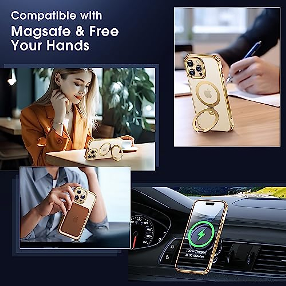 Alphex for iPhone 14 Pro Max Case with Magnetic Invisible Stand, Compatible with MagSafe, Official Color Match for iPhone, Military Grade Shockproof Phone Cover for Women Men, Gold