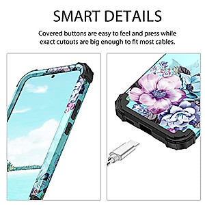 Casetego Compatible with Galaxy S22 5G Case,Floral Three Layer Heavy Duty Sturdy Shockproof Full Body Protective Cover Case for Samsung Galaxy S22 5G,Blue Flower