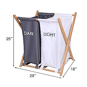 Homhope Large Double Laundry Basket Sorter with Hidden Handles, Foldable Bamboo X-Frame Dual Laundry Hamper, Dirty Clothes Basket with 2 Sections, Divided Laundry Organizer, Removable Waterproof Bag