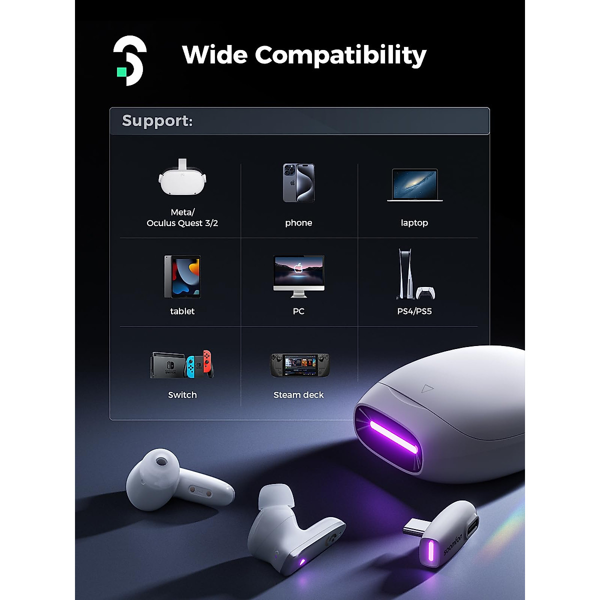 SOOMFON VR Wireless Gaming Earbuds 16ms Low Latency, Dual Connection, 2.4GHz Wireless, USB-C Dongle Included - Compatible with Quest 2, Quest Pro, PS5, PS4, Steam Deck, PC, Switch