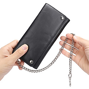 NIUCUNZH Mens Genuine Leather Trifold Wallet with Chain, Biker Trucker wallet with Long Heavy Duty Chain Black