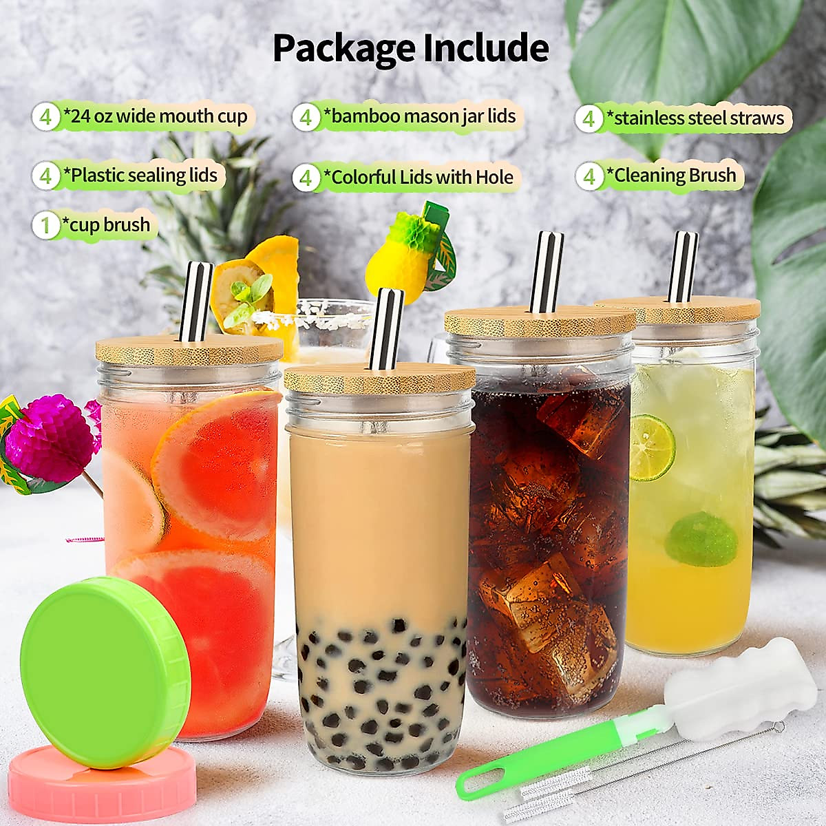[ 4 Pack ] Glass Cups Set - 24oz Mason Jar with Straw Reusable Wide Mouth Bubble Smoothie Bobo Iced Coffee Cup w 12 Airtight Lids Brush,Tumbler Drinking Bottle for Pearl Tea, Juice