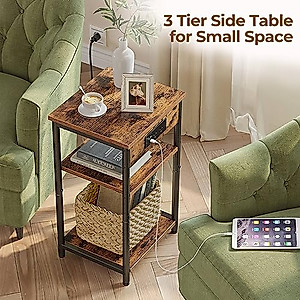 Rolanstar End Table with Charging Station, 3 Tier Slim Nightstand with Storage Shelf, Narrow Side Table with USB Ports & Power Outlets, Steel Frame for Living Room, Bedroom, Rustic Brown