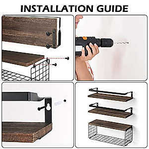 Floating Shelves Wall Mounted Set of 3, Rustic Wood Wall Shelves for Wall Decor Bathroom Shelves Over Toilet with Paper Storage Basket for Home Decor, Laundry Room Storage Shelves (Carbonized Brown)