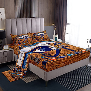 Egyptian Fitted Sheet Egypt Style Bedding Sets Navy Blue Eyes Bed Sheets For Boys Adults Ancient Egyptian Pyramids Pharaoh Top Flat Sheet Deep Pocket With 2 Pillow Cases Bedroom Decor Full