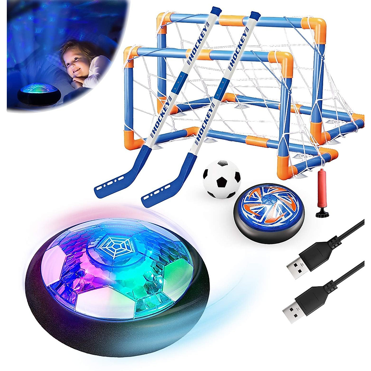 3 in1 Hover Soccer Hockey Balls for Kids, Hover Toys Set with 2 Goals USB Rechargeable LED Light Floating Ball Indoor Outdoor Sports Games, Ideal Gifts for 6-12 Boys Girls Blue