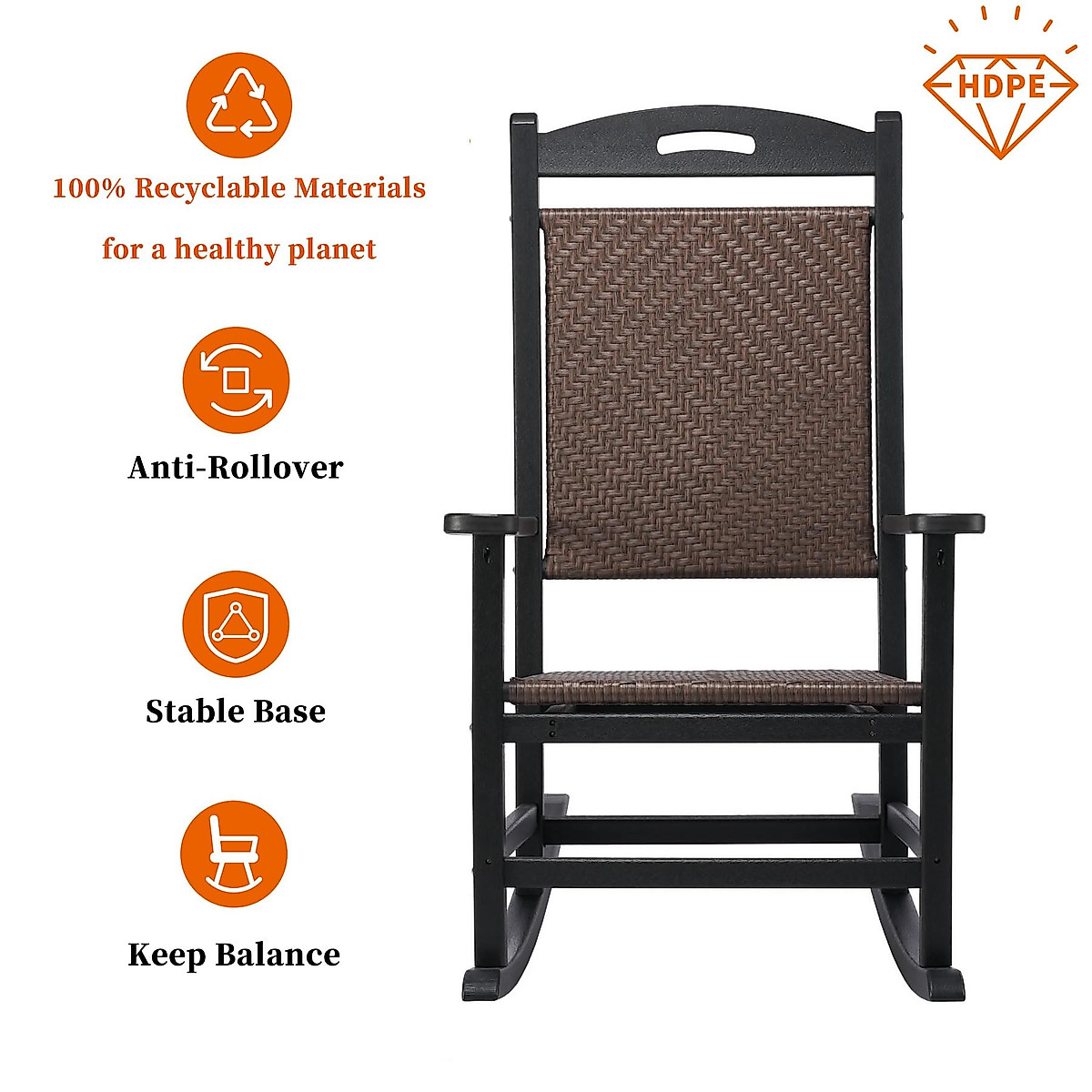 Adiromoti Patio Rocking Chair Set of 3 Rattan High Back Rocking Chair Side Table Weather Resistant HDPE Outdoor Rocking Chair Furniture for Porch Garden Backyard Campfire Firepit Weatherproof (Black)