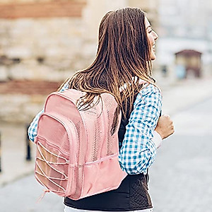 COVAX Heavy Duty Mesh Backpack, See Through College Mesh Backpack, Semi-transparent Mesh Bookbag with Bungee and Comfort Padded Straps for Commuting, Swimming, Beach, Outdoor Sports (Pink)