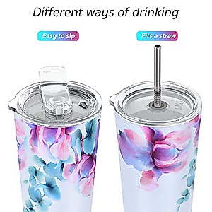 THILY Stainless Steel Vacuum Insulated Tumbler Travel Mug 26 oz Coffee Cup with 2 Lids and Straws, Splash Proof, Keep Ice Drinks Cold, Pink Lilies