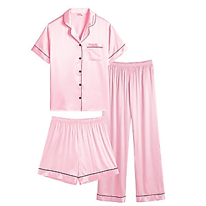 SWOMOG Silk Satin Pajama Set for Plus Size Women Button-Down Loose Bride Pajamas Pink Sleepwear and Loungewear Set 24W
