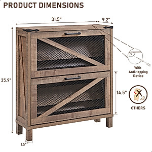 JXQTLINGMU Shoe Cabinet with 2 Flip Drawers, Farmhouse Shoe Storage Cabinet with Mesh Doors and Adjustable Shelves, Rustic Wooden Shoe Organizer, Small Shoe Cabinet Storage for Entryway, Light Brown