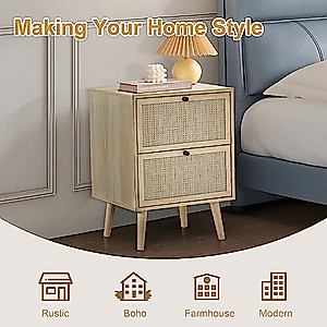 Rattan Nightstand Set of 2, End Table rattan bedside table Side Table with 2 Hand Made Rattan Decorated Drawers Wood Accent Table with Storage 2-Drawer for Bedroom, Living Room, Natural 2 Pack