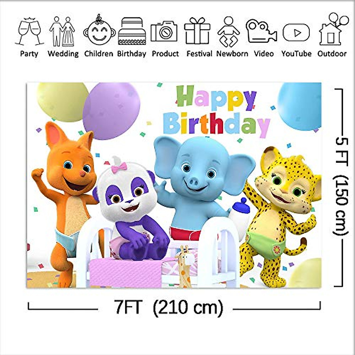 White Photo Background Balloon Confetti Cartoon Baby Animals Vinyl 7x5ft Word Party Photography Backdrop for Baby Kids Happy Birthday Party Banner Supply Photo Booth Candy Table Decorations