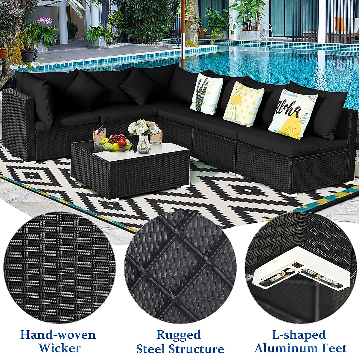 COSTWAY 7 Pieces Patio Furniture Set, Outdoor Rattan Conversation Set with 6 Seats, Coffee Tea Table, Soft Cushions, Wicker Patio Sectional Sofa for Garden Balcony Porch Poolside, Black