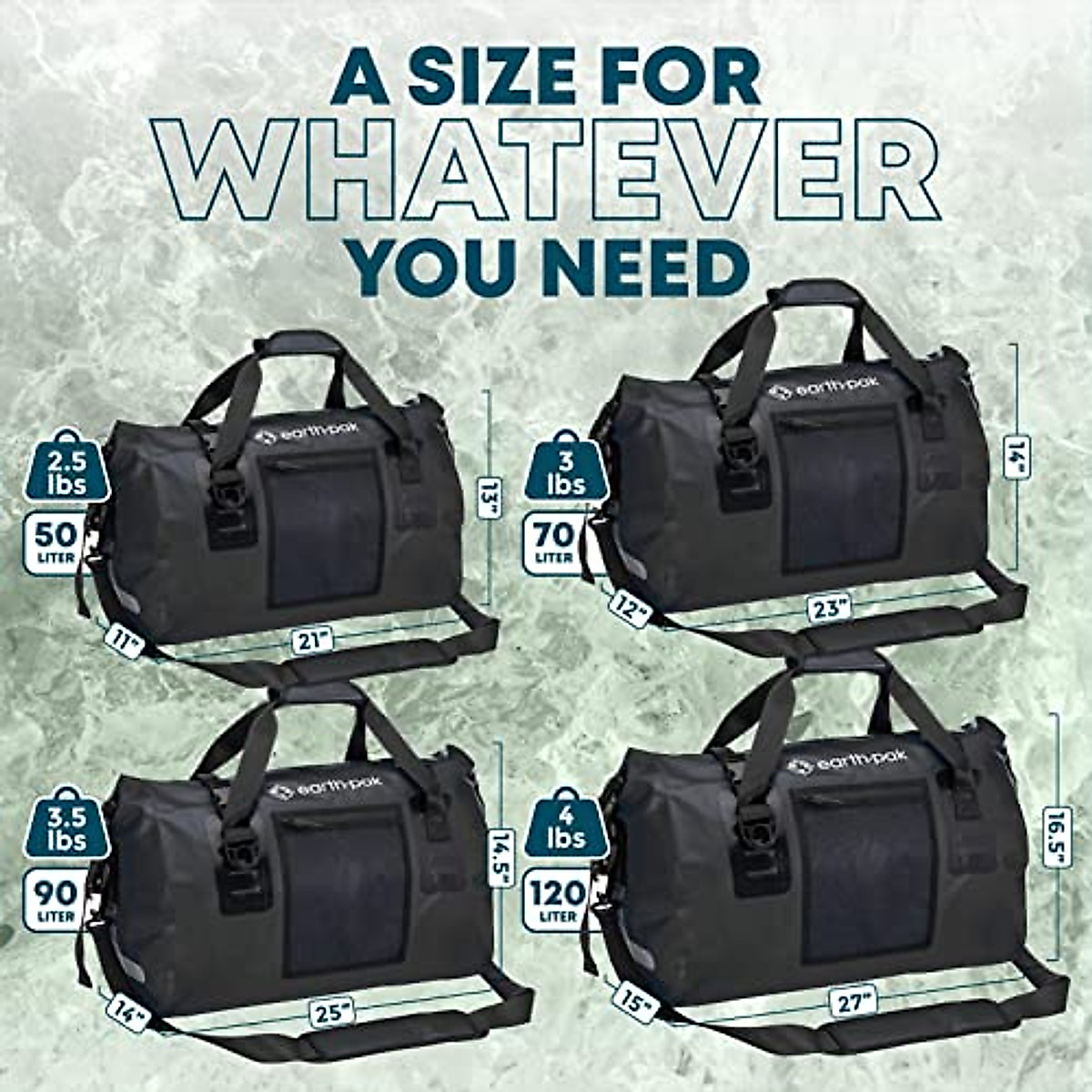 Earth Pak Waterproof Duffel Bag- Perfect for Any Kind of Travel, Lightweight, 50L / 70L / 90L / 120L Sizes - Large Storage Space, Durable Straps and Handles, Heavy Duty Material to Keep Your Gear Dry