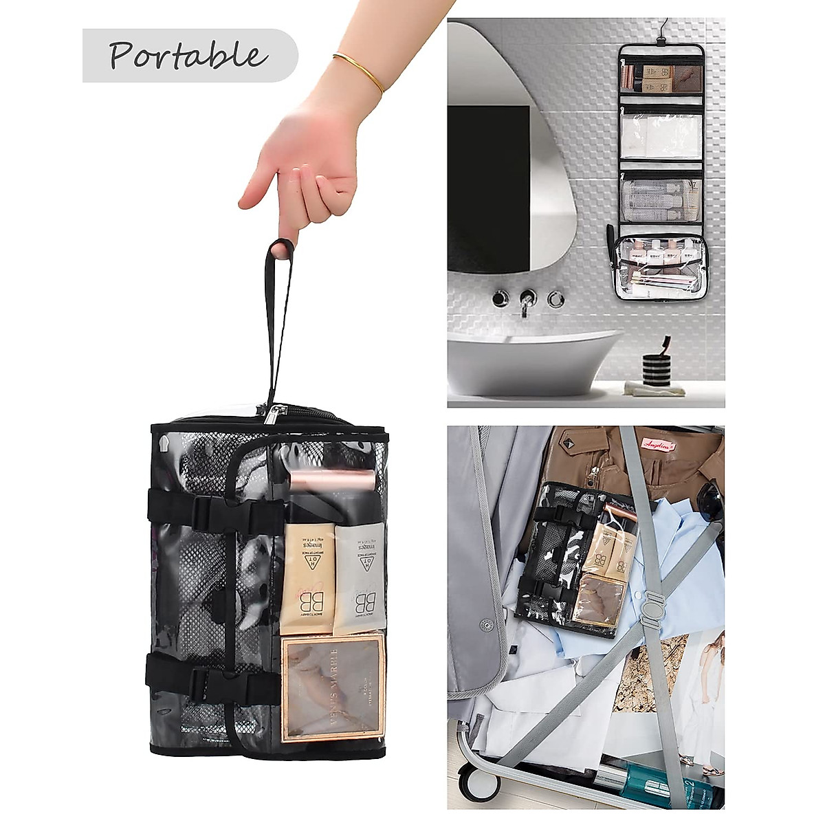 Clear Toiletry Bags for Traveling, Hanging Toiletry Bag for Women and Men with TSA Approved 3-1-1 Small Pouch, Large Travel Makeup Bag Cosmetic Organizer Pouch for Toiletries, Full Sized Container