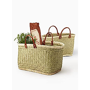 Serene Spaces Living Small Handmade Straw Tote Paired with Leather Handles, Raffia Lined Handbag, Straw Beach Bag, Summer Tote for Everyday Use, Grocery Shopping, 19.5" Long, 8.5" Wide & 10.5" Tall