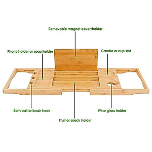 Diosbles Bathtub Caddy Tray Expandable Bamboo Bath Tub Tray Caddy Extendable Bathtub Holders Organizers with Book Ipad Holder and Phone Candle Wineglass Slots