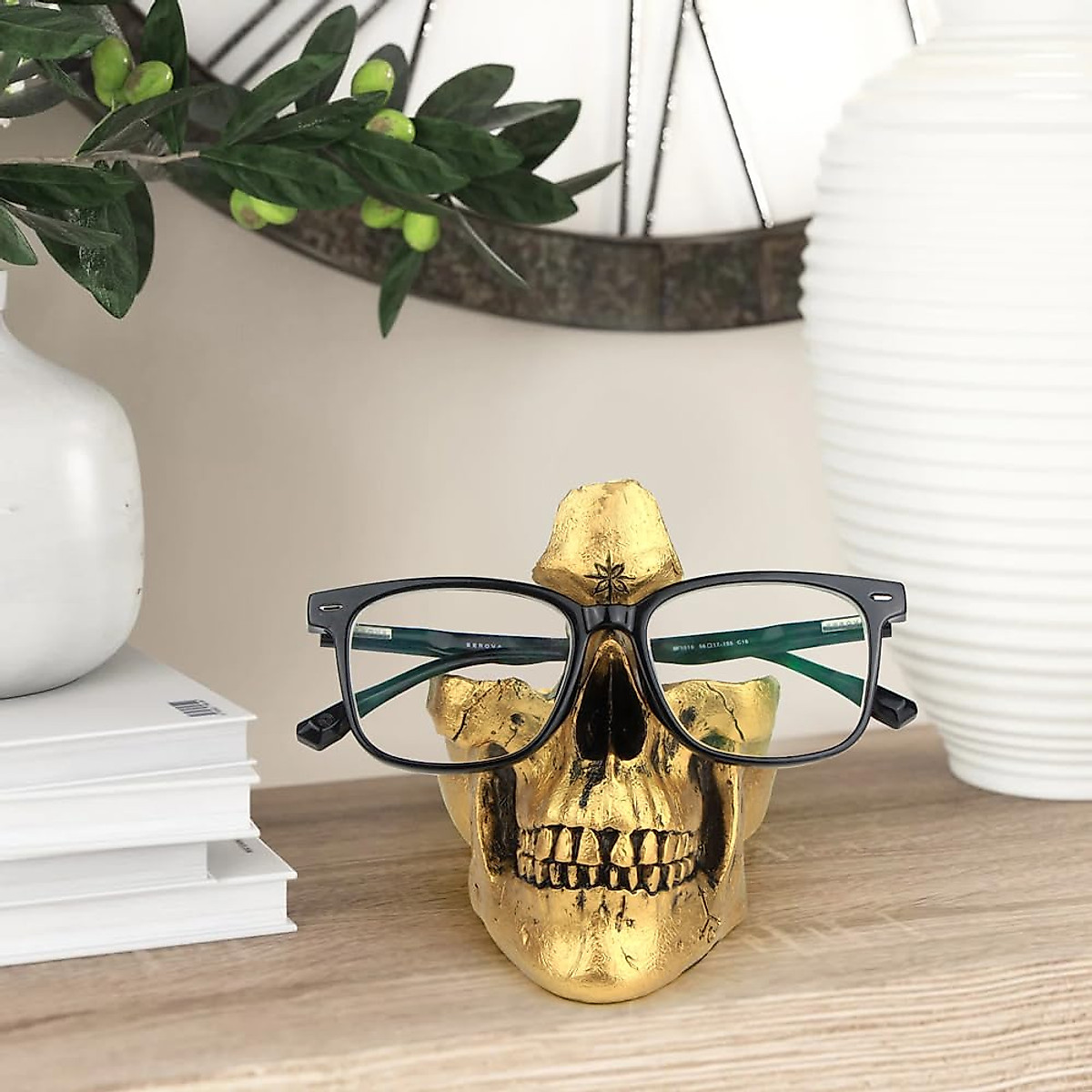 Mrlikale Skull Glasses Stand Holder, Creative Eyeglasses Holder, Sunglasses Spectacle Display Rack, Key Holder Resin Sculptures for Entryway, Home, Office, Desk, Nightstand (Gold)