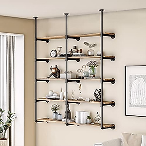 FJANKUI 5 Tier Industrial Rustic Wall Mount Wood Floating Iron Pipe Shelving, DIY Open Wall Display Bookshelf, Black Metal Bracket Storage Wall Shelf for Utility Shelves, Office Shelves, Etc