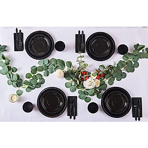 175 PCS Black Party Supplies Disposable Dinnerware Set Plastic Plates and Paper Napkins Cups Silverware Serve 25 Sets for Birthday Bridal Shower Wedding Engagement Graduation Parties