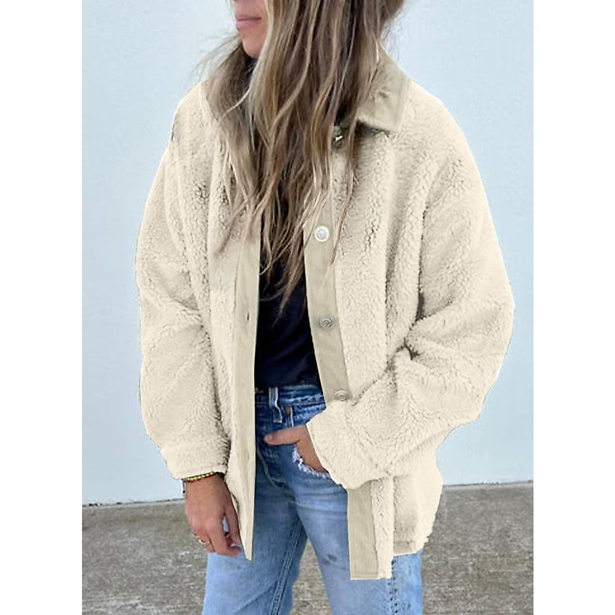 Dokotoo Women Winter Coat Turn-Down Collar Sherpa Jacket Women 2023 Fleece Shirt Jacket Button Down Women Coat Casual Long Sleeve Coats with Pockets Beige Medium