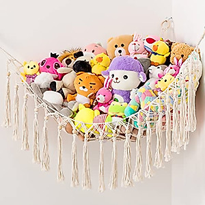 Vorey Stuffed Animal Storage Macrame Stuffed Animal Net or Hammock Toy Hammock Stuffed Animal Holder Hanging Stuffed Animal Organizer Plushie Net for Stuffed Animals Corner, Beige