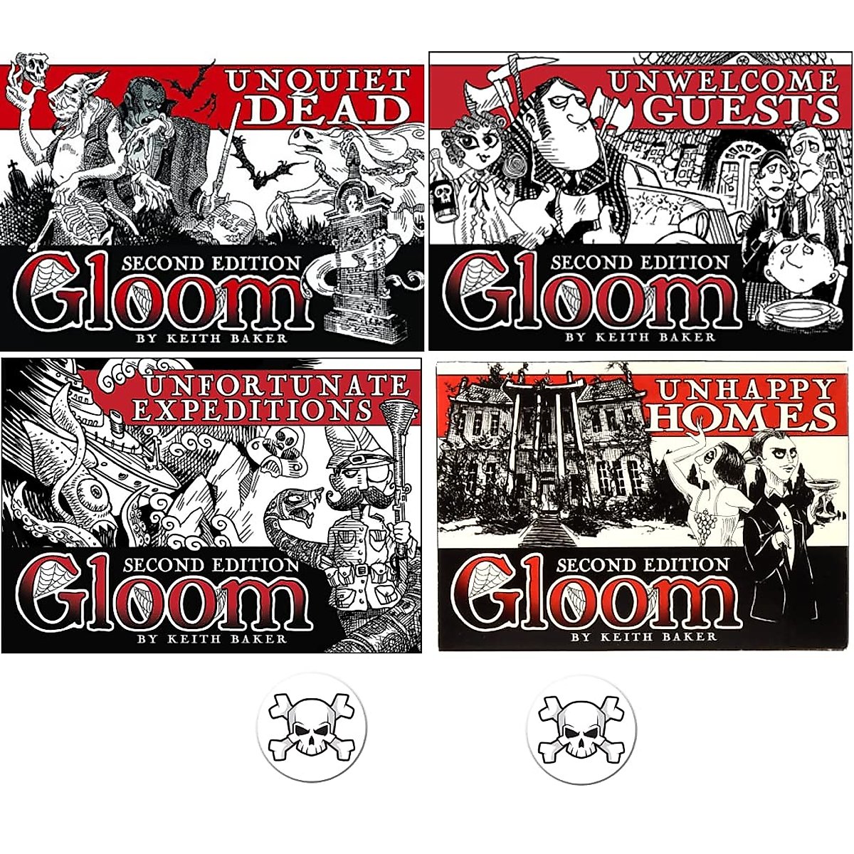 AMA Gloom Bundle of All 4 Expansions for The Second Edition of The Card Game Plus a Skull Button