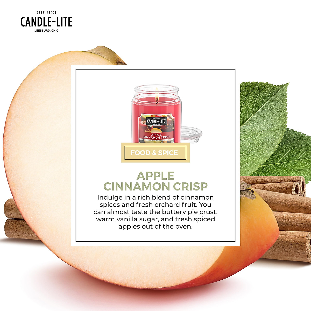 Candle-LITE Scented Candles, Apple Cinnamon Crisp Fragrance, One 18 oz. Single-Wick Aromatherapy Candle with 110 Hours of Burn Time, Red Color (Individual Box)